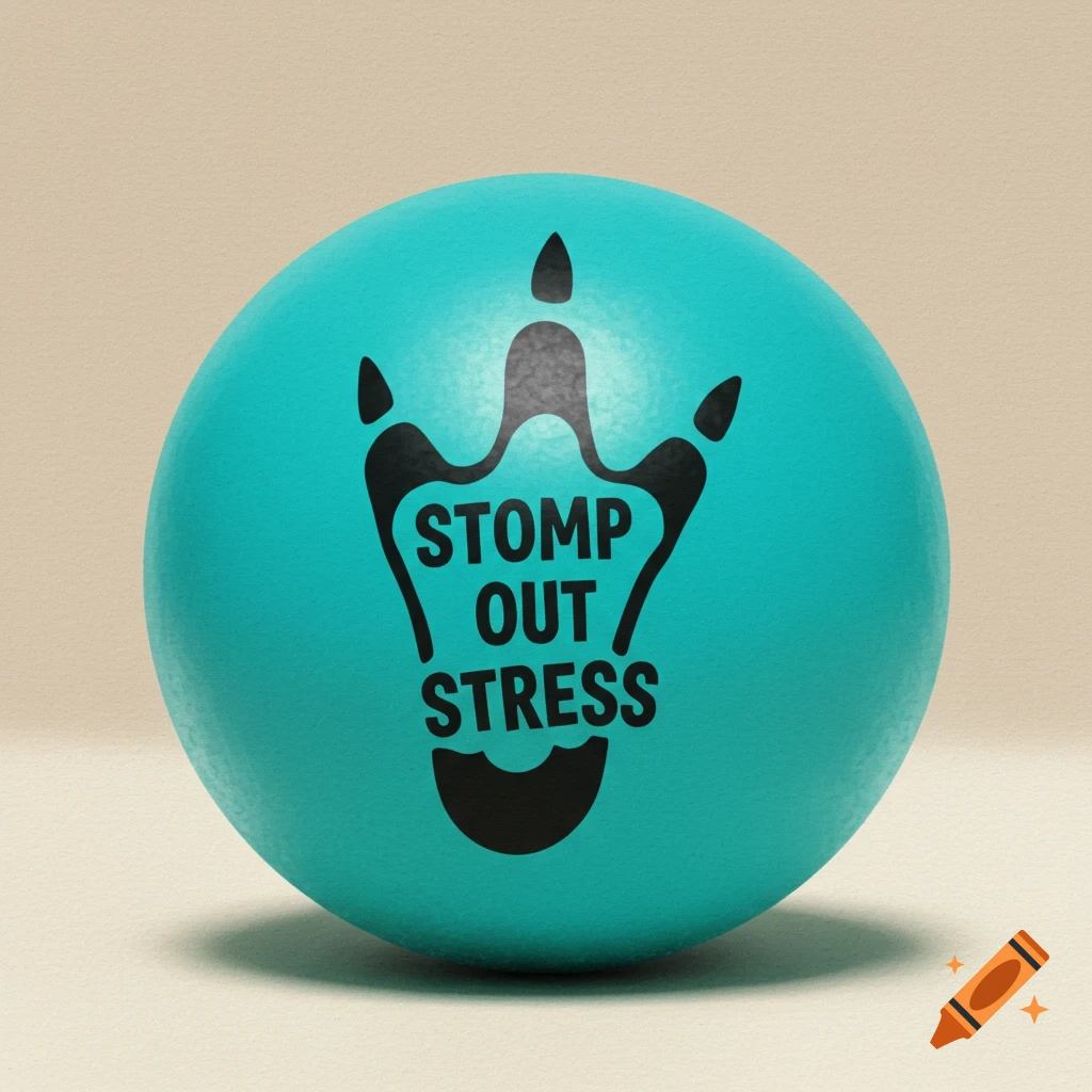 Teal stress ball with triceratops footprint and 'Stomp out Stress' text ...
