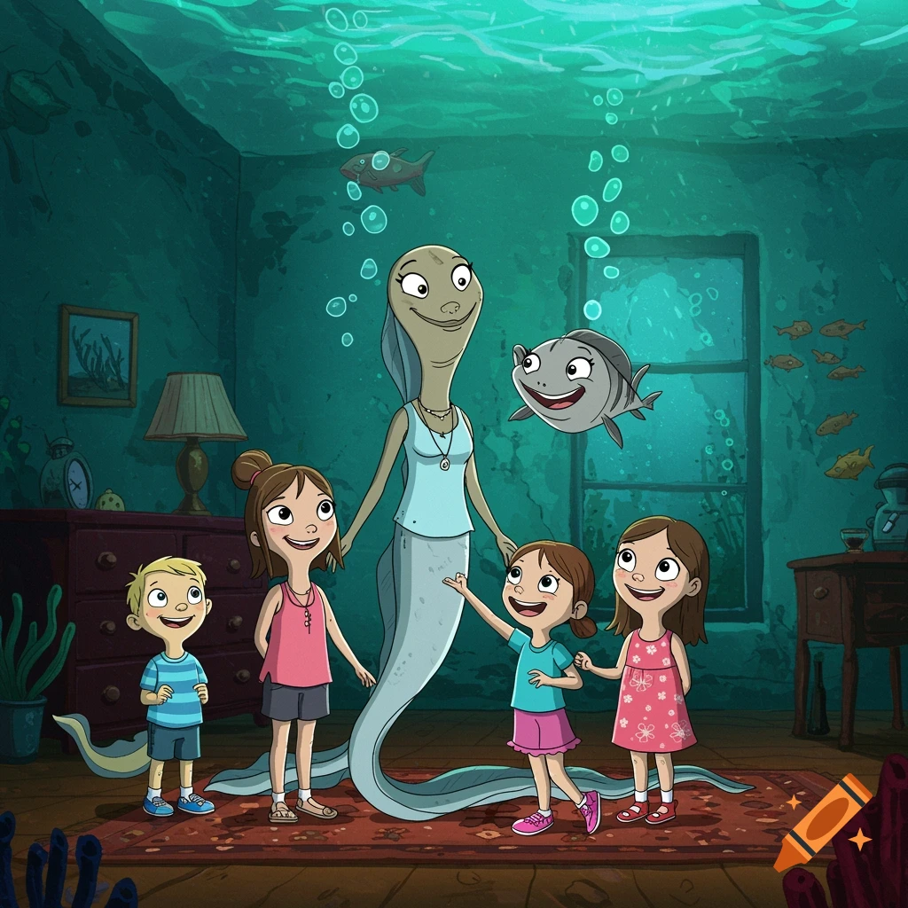 Cartoon family of eel people and fish in an underwater living room. on ...