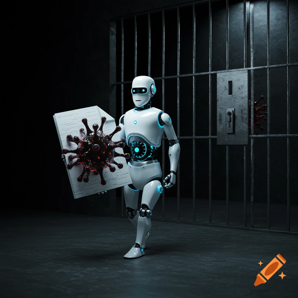Antivirus bot with virus file taking it to jail cell on Craiyon