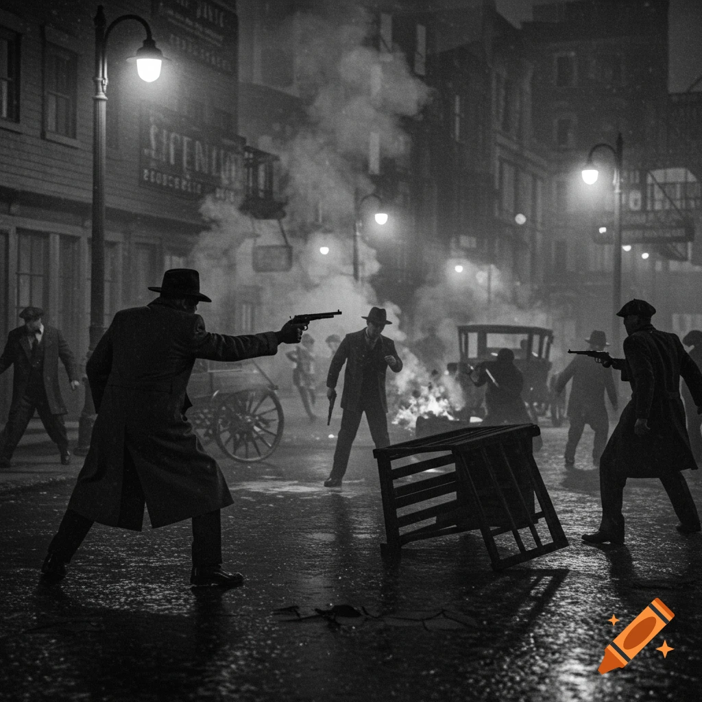 1920s gang fight in a rain-soaked city street photograph on Craiyon