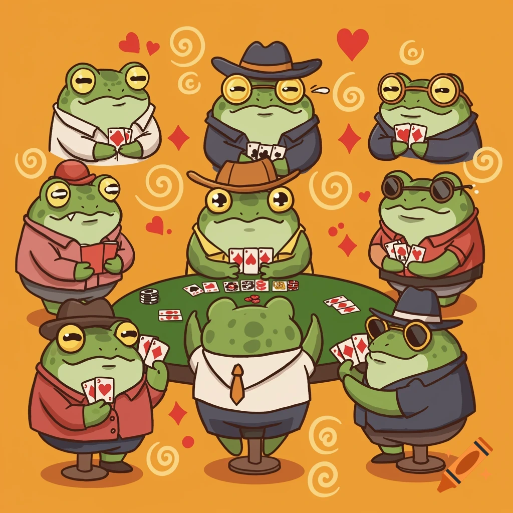 Cartoon illustration of tough-looking frogs playing poker. on Craiyon
