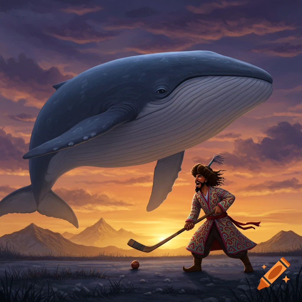 A nomad plays hockey with a giant whale behind him in a fantasy landscape at sunset. on Craiyon