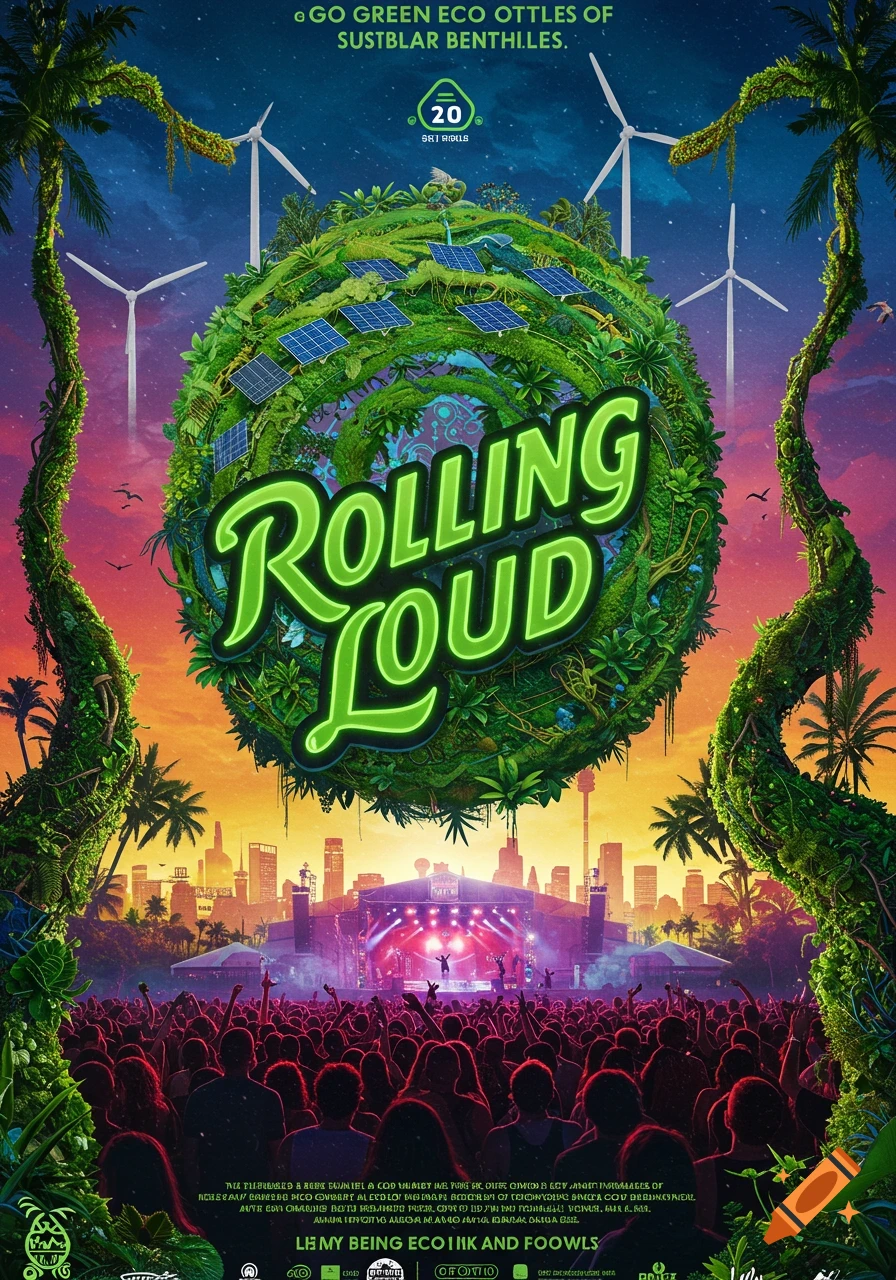 A concert poster showing a crowd, stage, a sphere of earth with solar ...