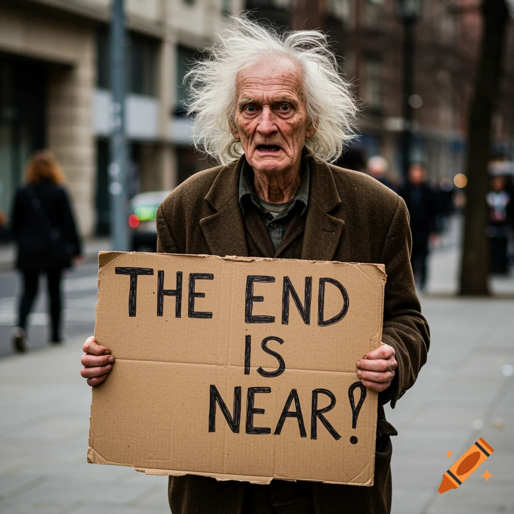 Old man holding "The End Is Near" sign on street corner on Craiyon