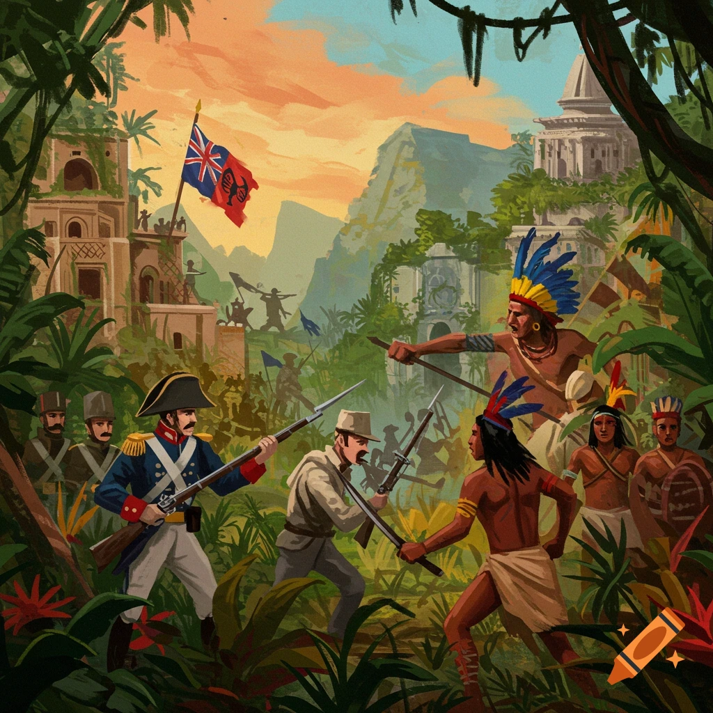 Illustration of a battle between soldiers and indigenous people in a ...