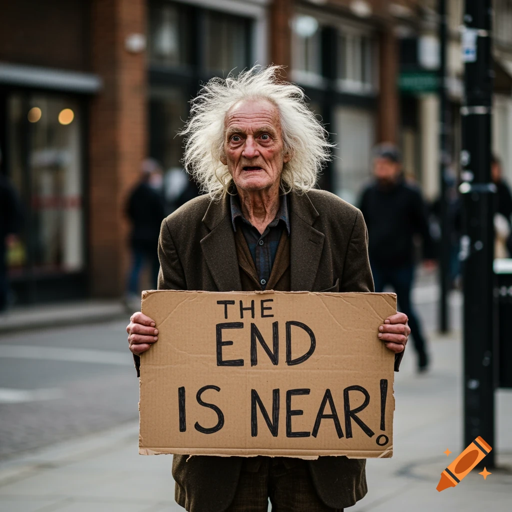 Old man holding "The End Is Near" sign on street corner on Craiyon