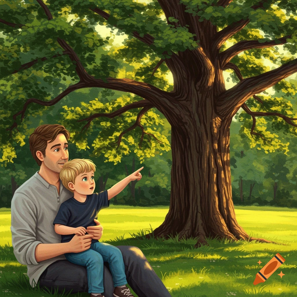 Child sitting on father's lap pointing at tree on Craiyon