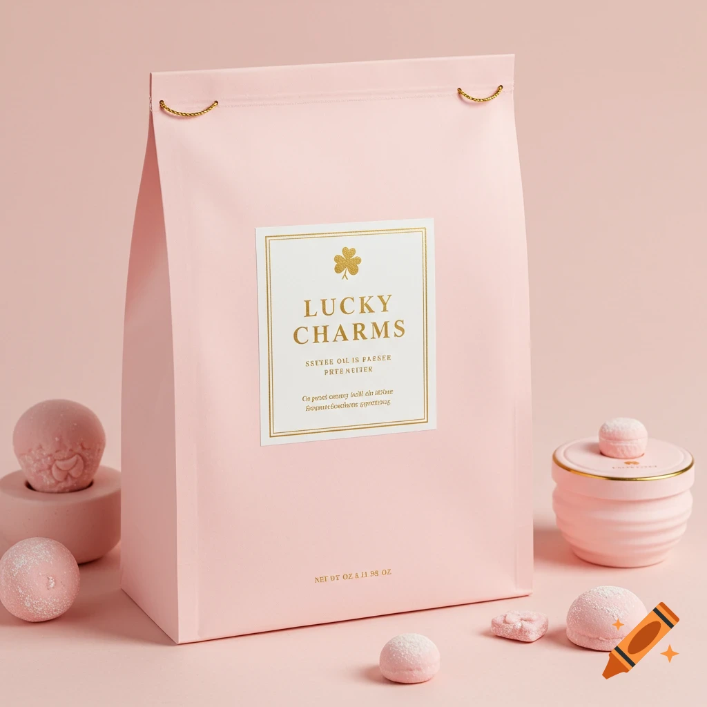 Preppy pink small business packaging with Lucky Charms logo on Craiyon