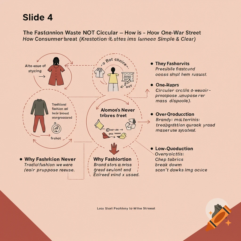 Slide about the fashion waste cycle and consumerism. on Craiyon