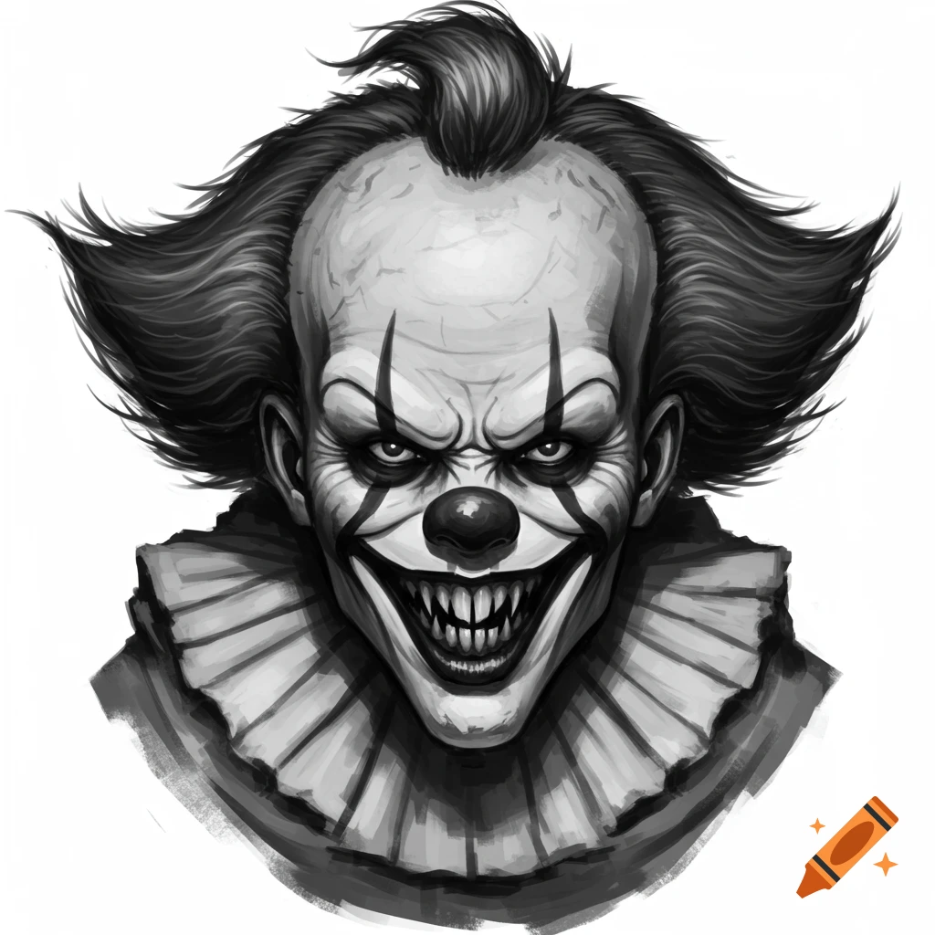 Black and white illustration of a scary clown smiling with sharp teeth ...