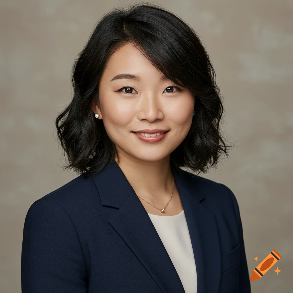 Close-up portrait of an Asian woman in a navy blazer smiling. on Craiyon