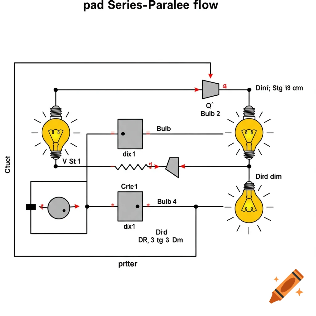 Circuit diagram with two bright and two dim light bulbs on Craiyon