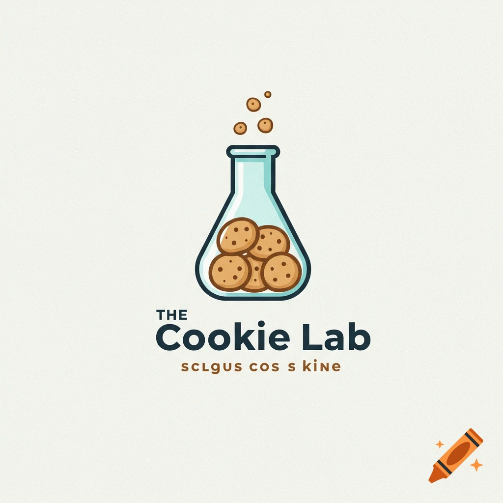 Logo of science beaker with cookies and 'the cookie lab' text on Craiyon