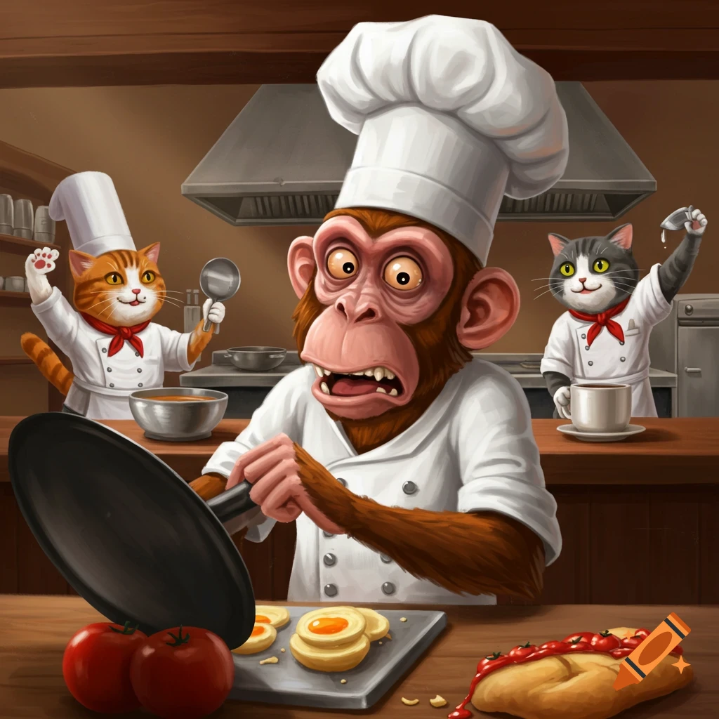Cartoon chef monkey stressed in restaurant with cat employees playing around him. Monkeys and ...