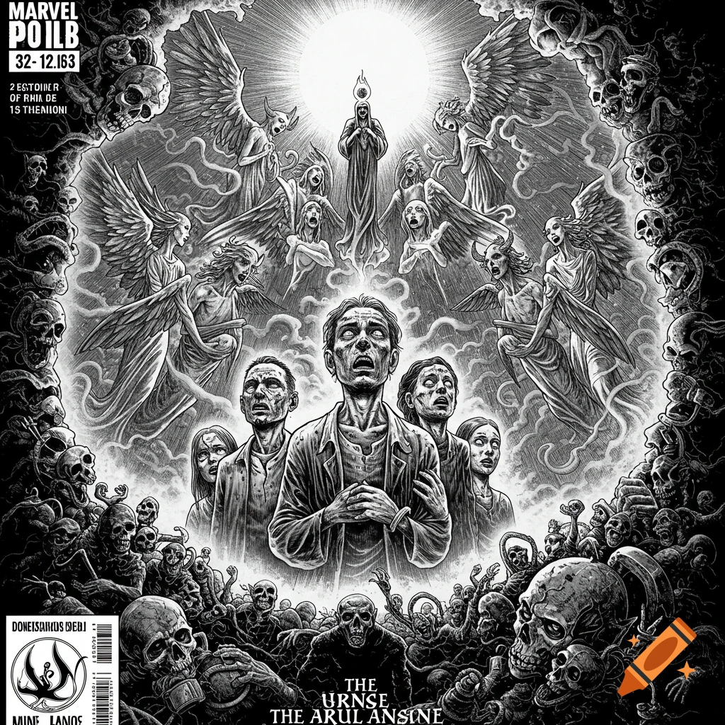 Comic book cover featuring drug-induced visions of angels and demons on ...