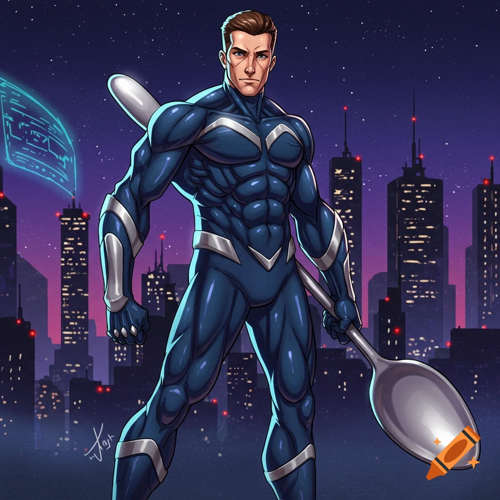 Male superhero in a pink and teal suit with MF on his chest standing in ...