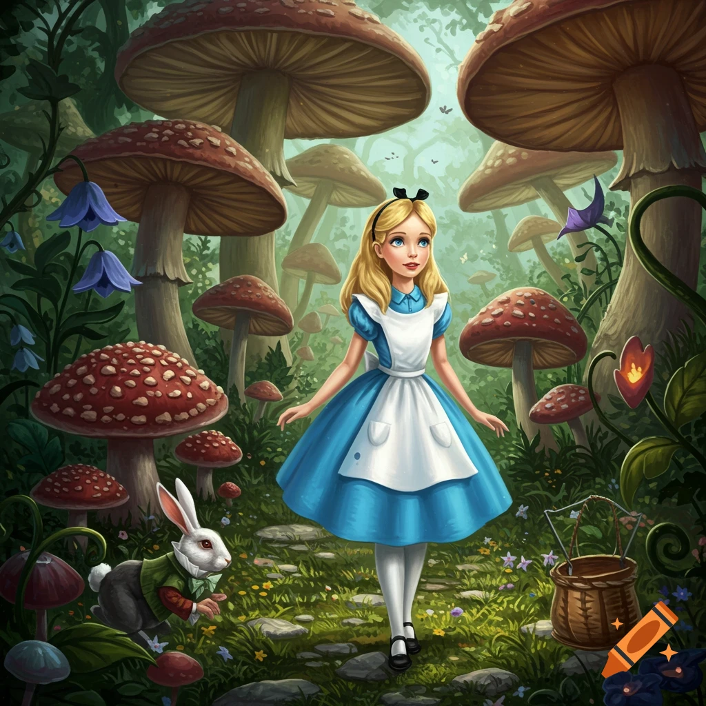 Alice and the White Rabbit walk through a forest with giant mushrooms ...
