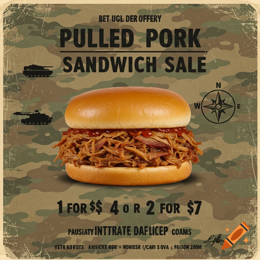 Tactical-themed flyer for pulled pork sandwich sale on Craiyon