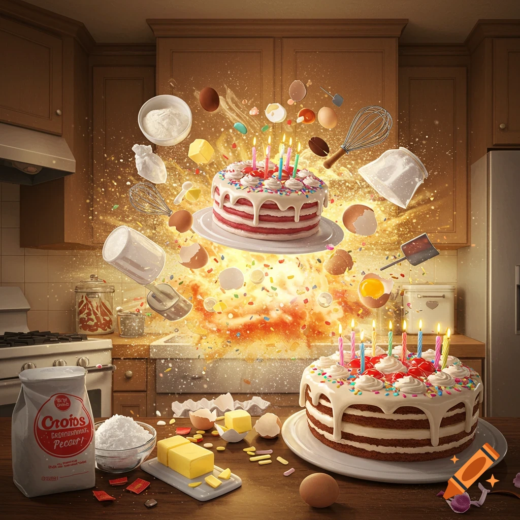 Cake ingredients transforming into cake during kitchen explosion on Craiyon