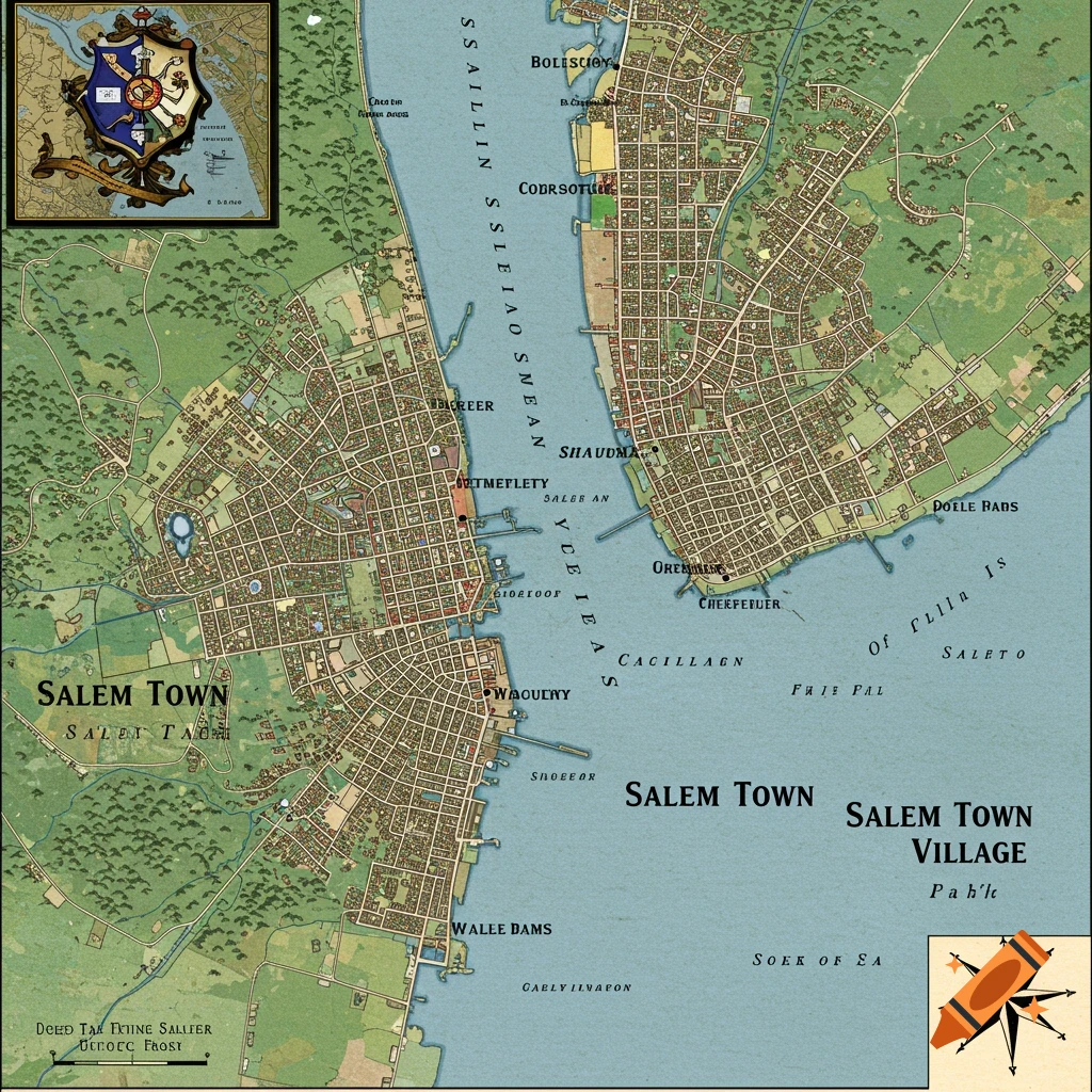 Map of Salem Town vs Salem Village, early 1700s on Craiyon