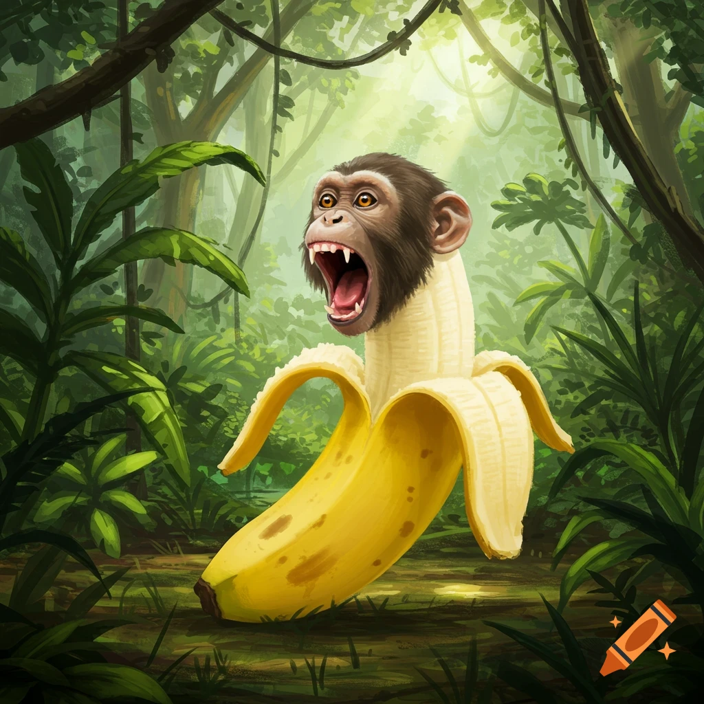 An illustration of a screaming chimpanzee head on a banana body in a jungle setting. on Craiyon