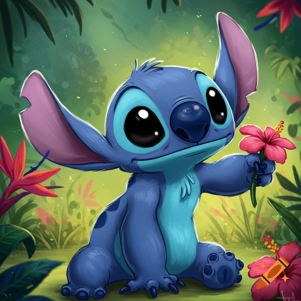 Illustration of Stitch sitting on a rock in space with the moon and ...