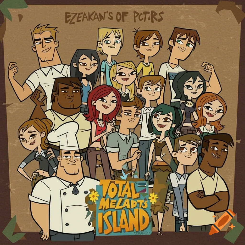 Total Drama Island characters poster art of Ezekiel, Eva, Noah, Justin ...