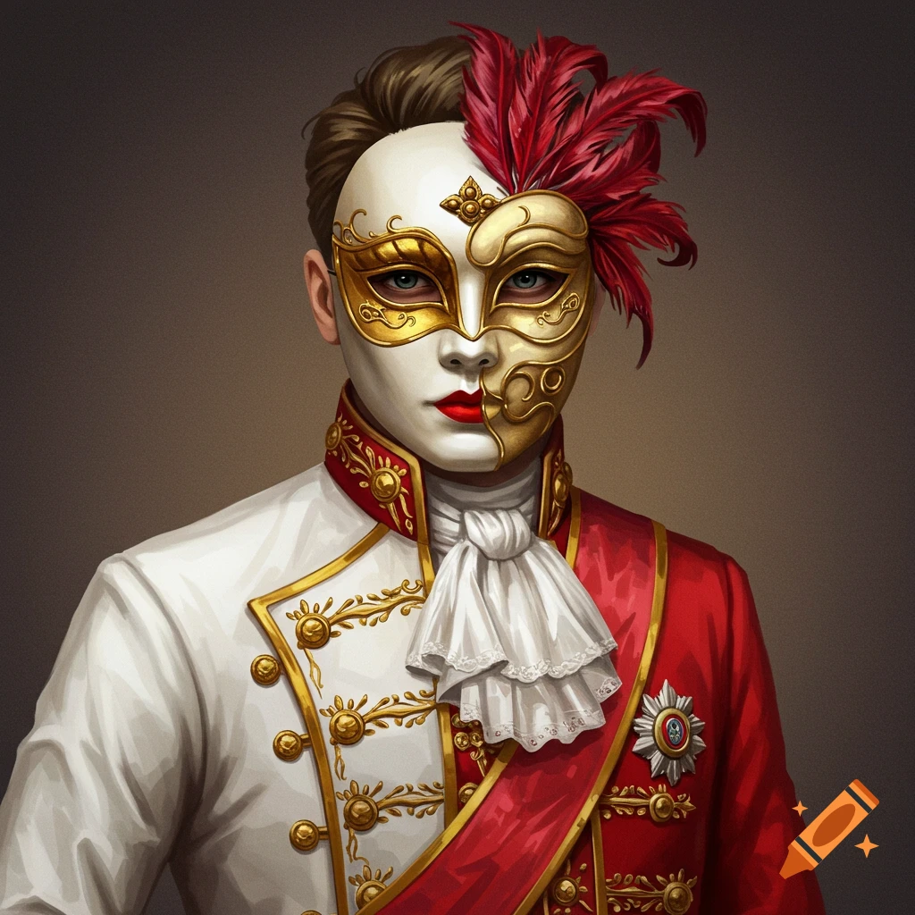 White and red monarch suit with gold accents and masquerade mask on Craiyon