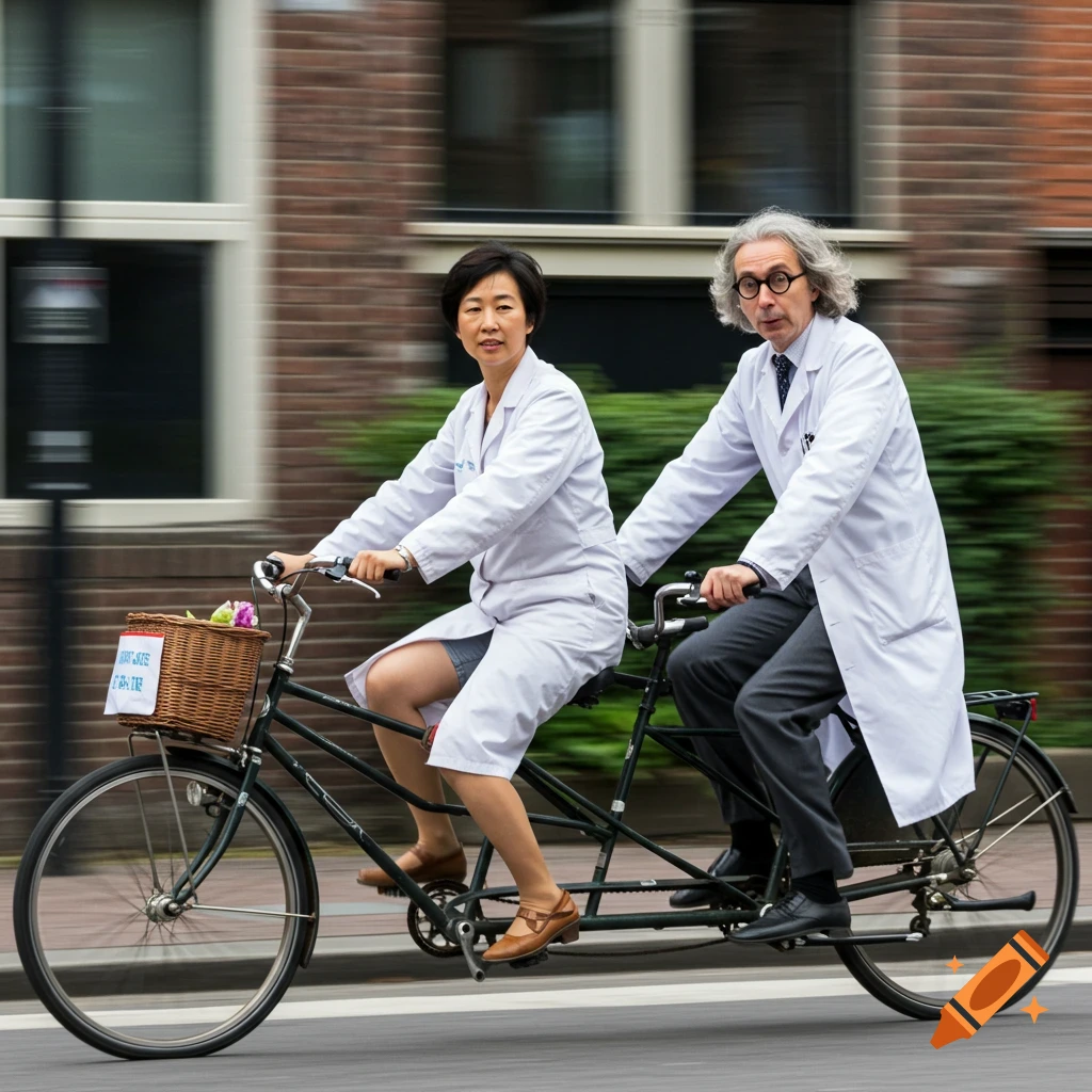 Two doctors in lab coats ride a tandem bicycle down a street. on Craiyon