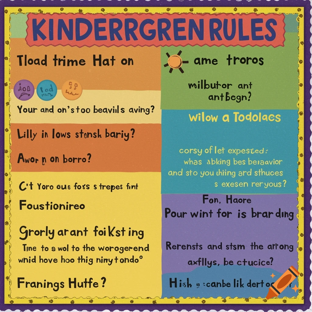 Colorful poster for Kindergarten classroom rules on Craiyon