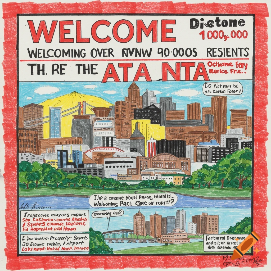 Colorful welcome poster inviting new residents to Atlanta, highlighting ...