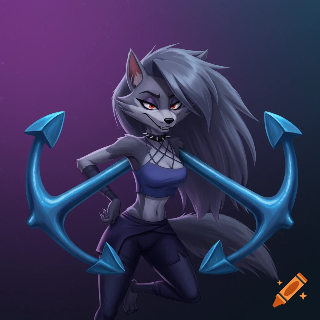 An anthropomorphic gray wolf character holding two large blue anchors. on Craiyon