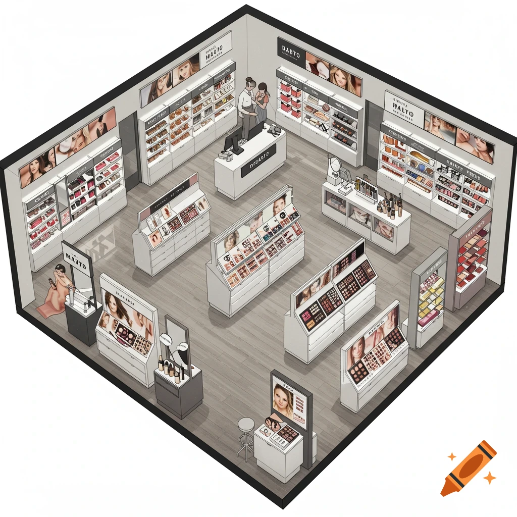Birds eye view floor plan of a beauty store with cosmetics, hair care ...