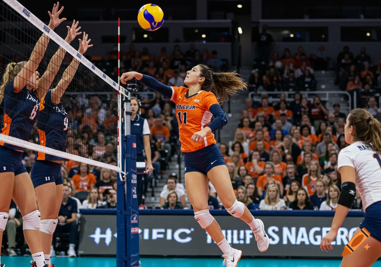 Women's volleyball player hitting ball over net with crowd on Craiyon
