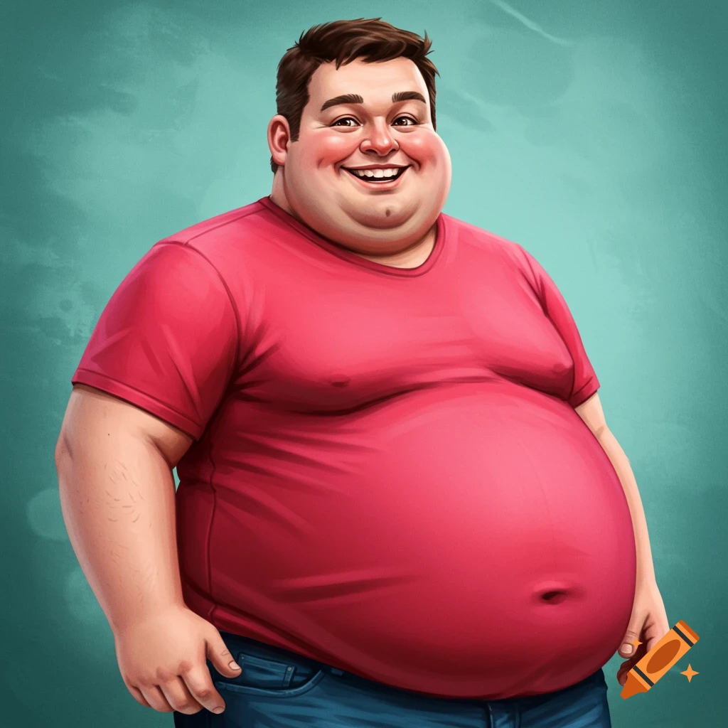 A smiling, heavily overweight man in a pink t-shirt and jeans in a ...
