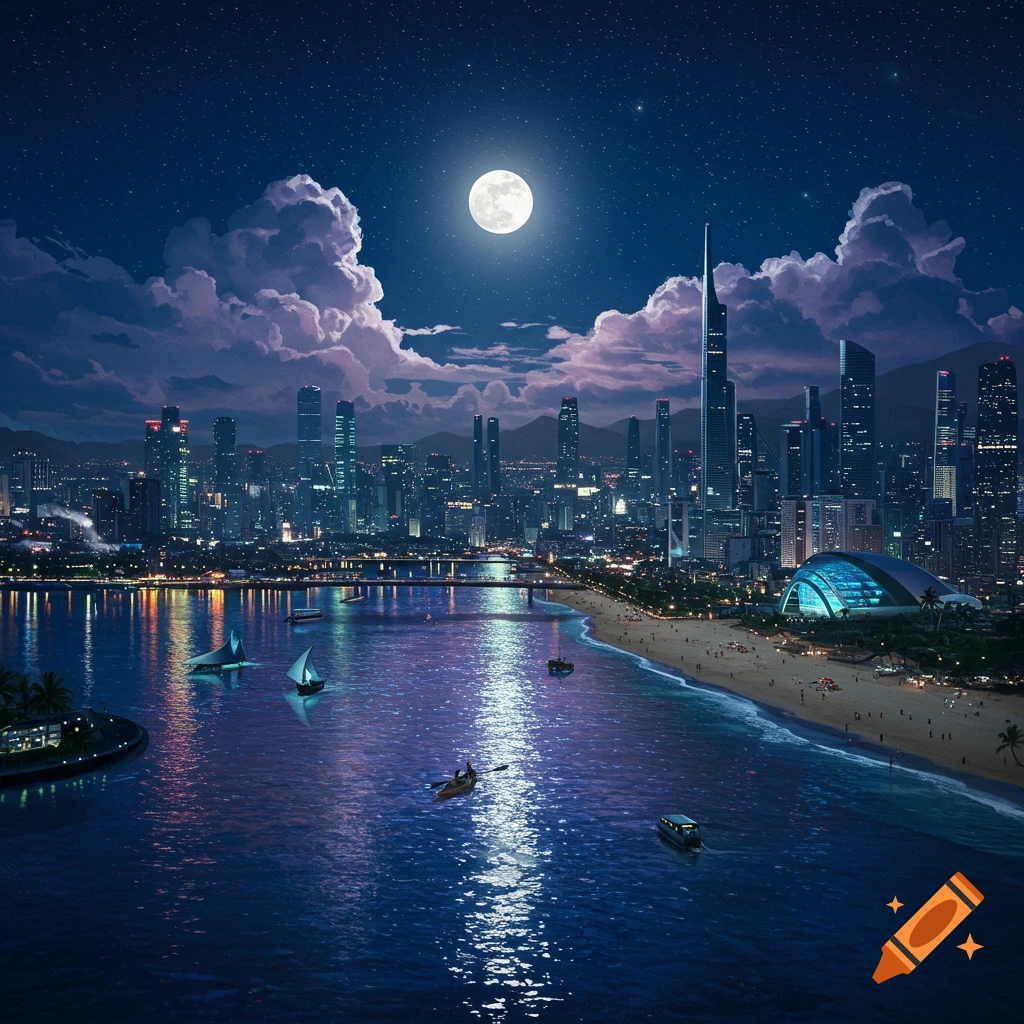 Futuristic metropolis with river, beach, underwater museum, aquarium ...