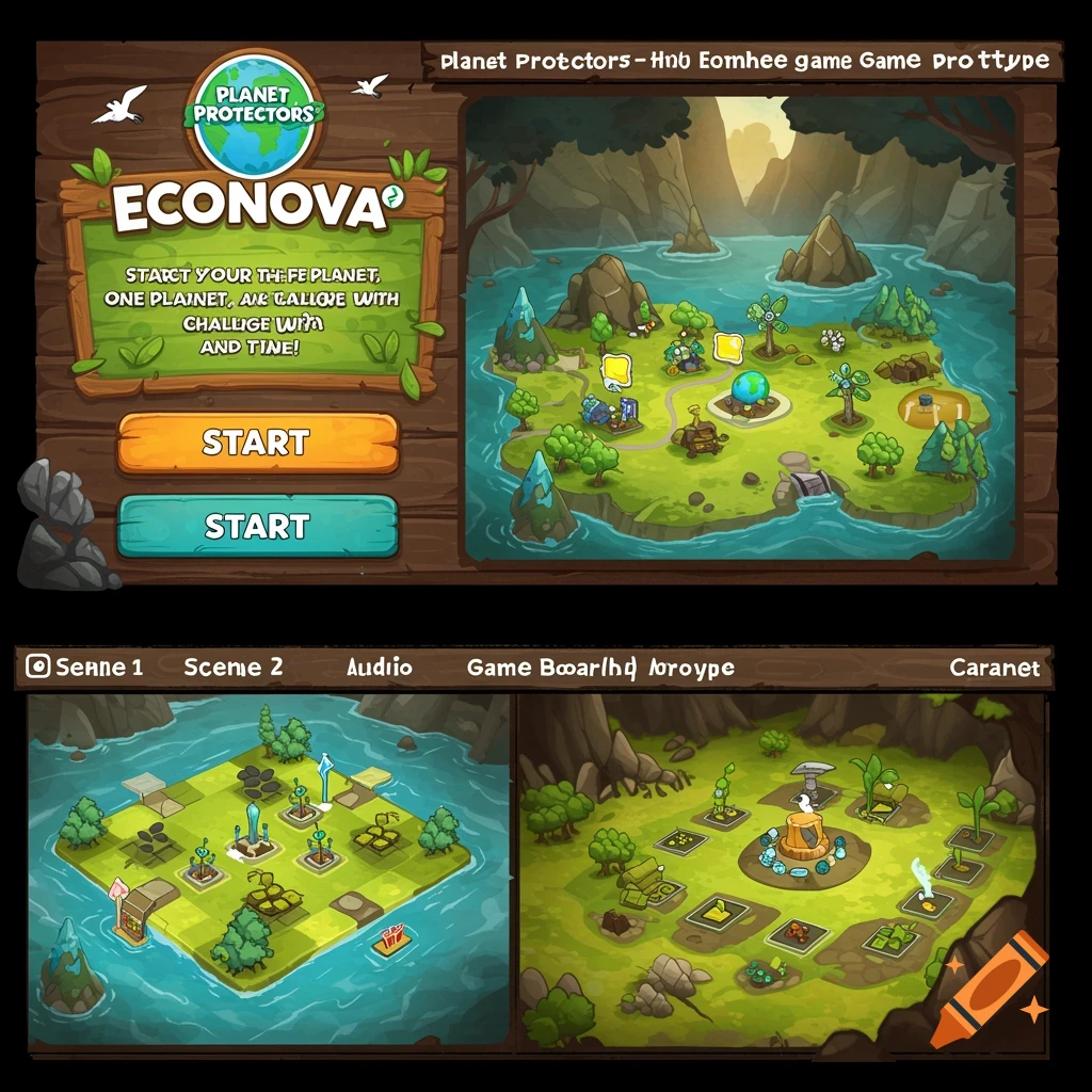Planet Protectors - EcoNova Game Prototype title screen on Craiyon
