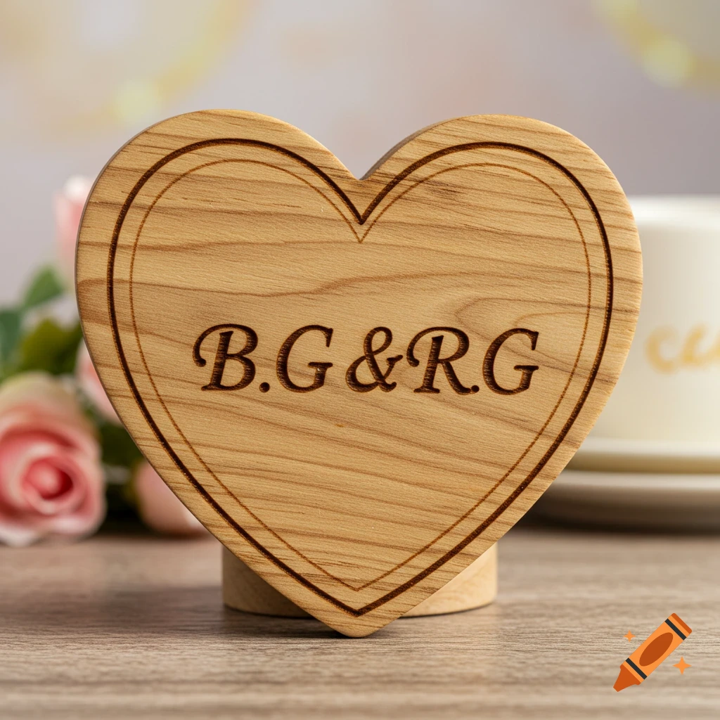 Wooden heart engraved with B.G and R.G initials, wedding theme on Craiyon