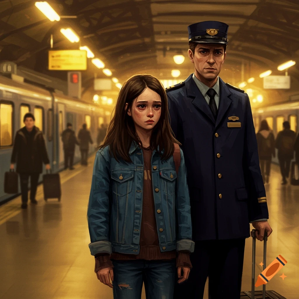 A sad girl and a conductor stand in a train station. on Craiyon