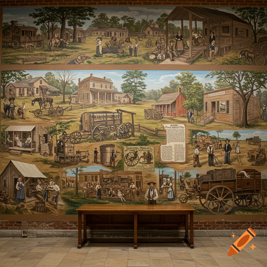 A large painted historical mural depicting scenes of a 19th-century ...