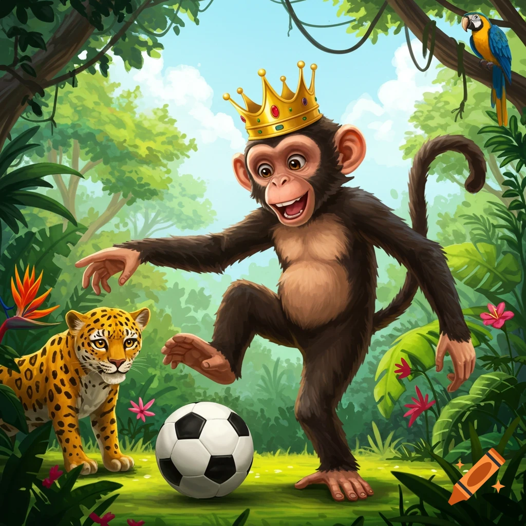 Cartoon monkey with a crown playing soccer in a jungle, watched by a ...