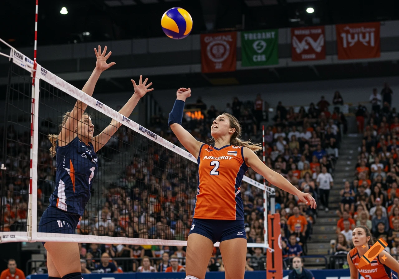 Women's volleyball player hitting ball over net with crowd on Craiyon