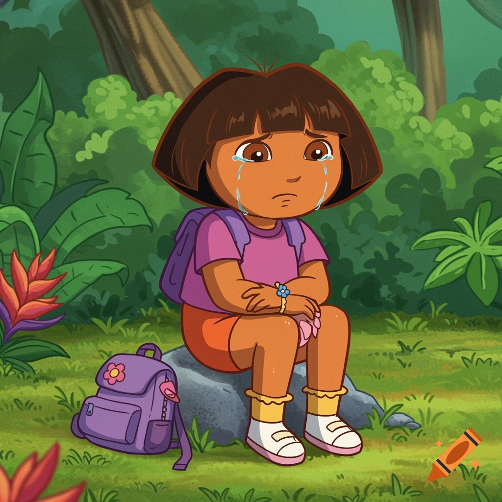 Cartoon of Dora's mom flexing in a bikini while Dora draws her. on Craiyon