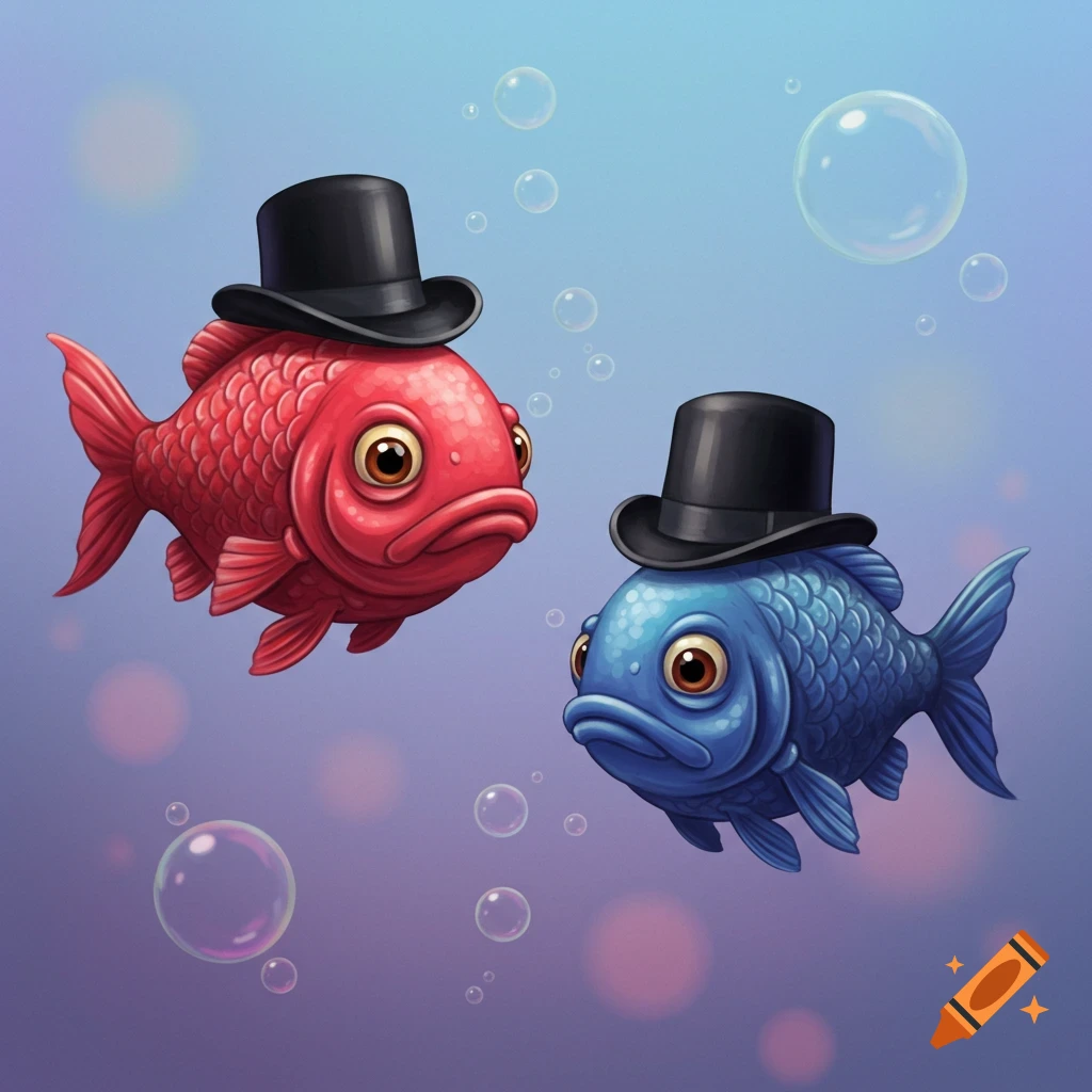 Two cartoon fish, one red and one blue, wearing black top hats and ...