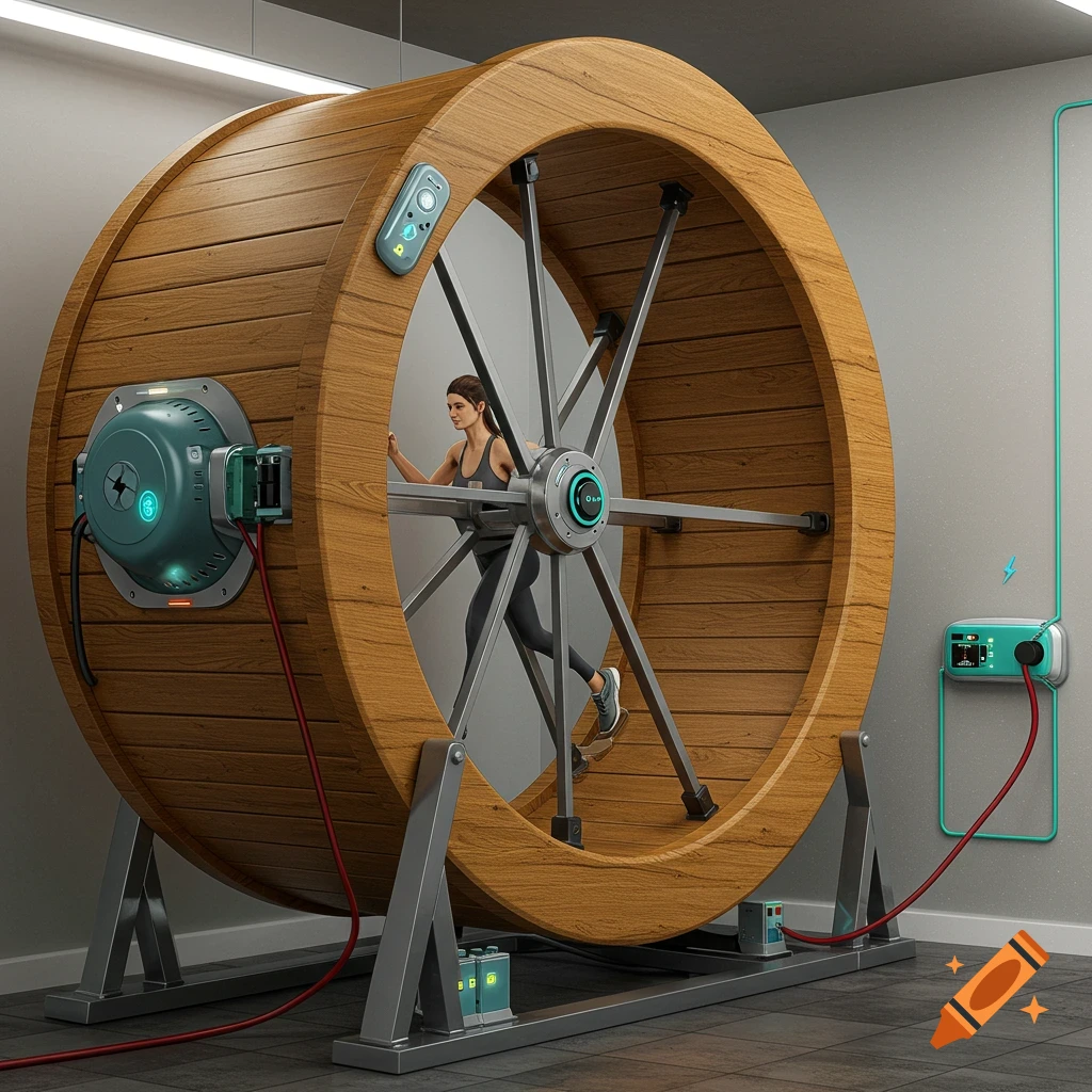 Woman runs on a large wooden exercise wheel connected to a generator ...