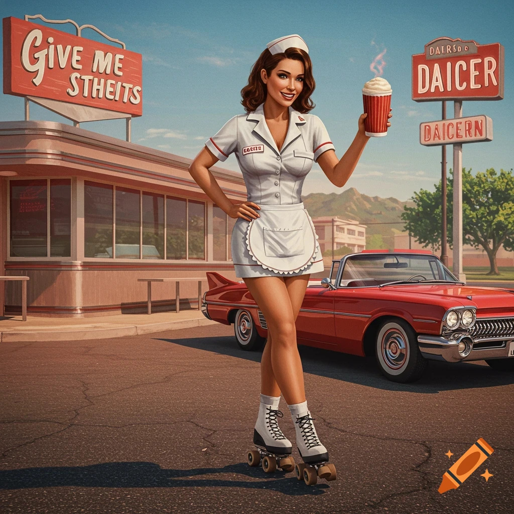 A woman in a vintage waitress uniform and roller skates holds a drink ...