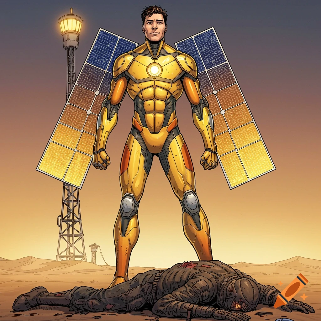 Solar-powered superhero with panel wings stands over a defeated enemy ...