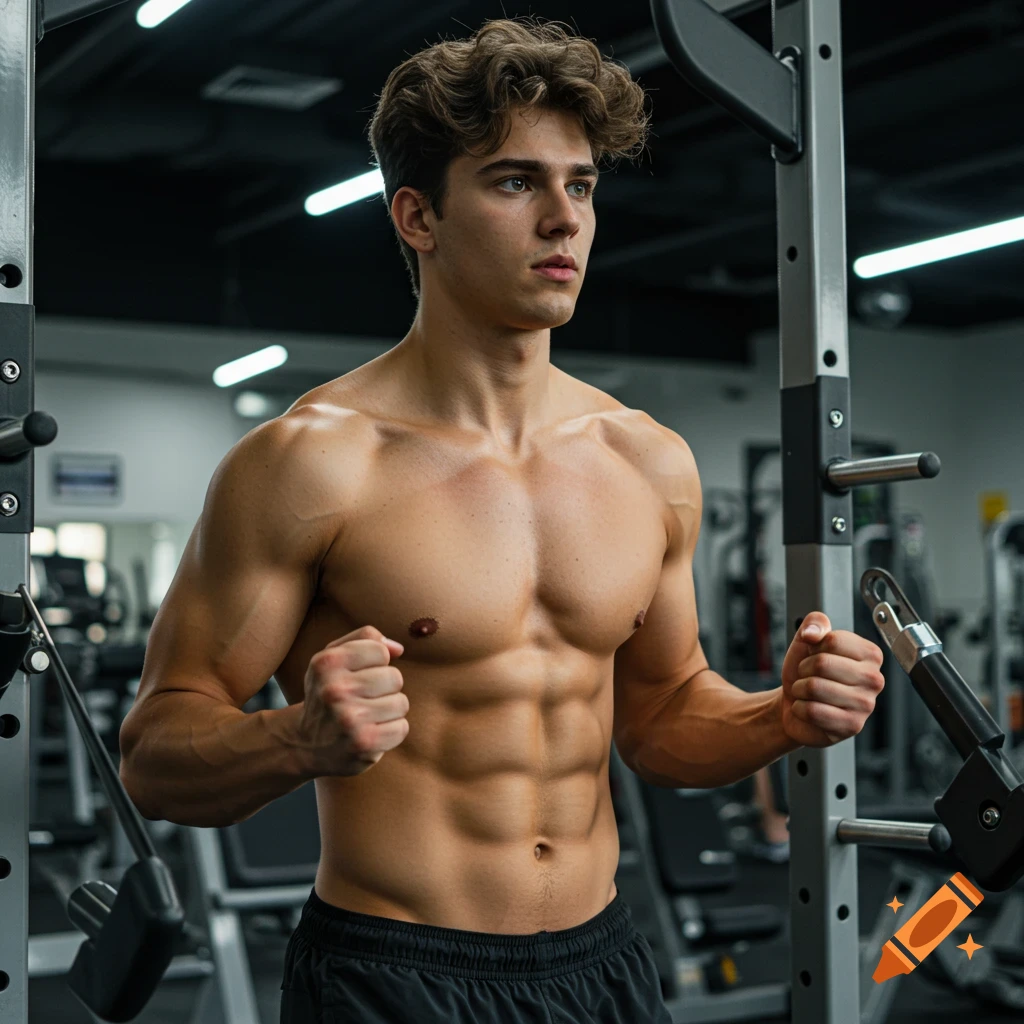 Shirtless tan man working out at the gym on Craiyon