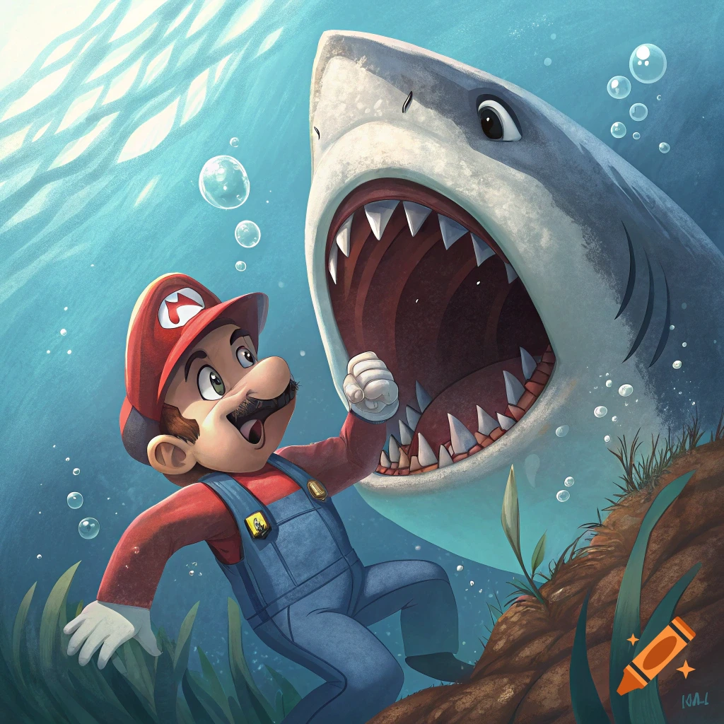 Cartoon shark wearing blue Nike sneakers running on a beach near the ...