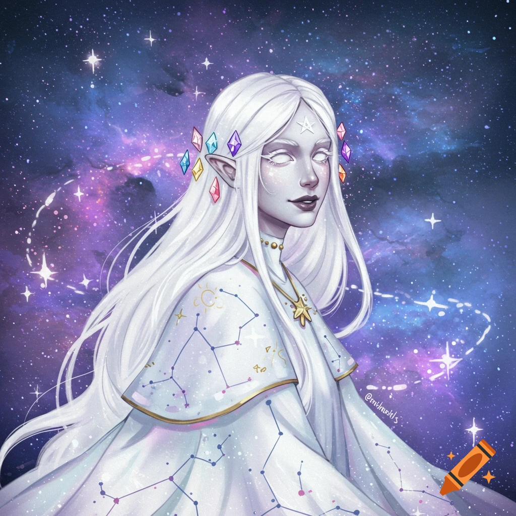 Star witch in white robes with stars on Craiyon